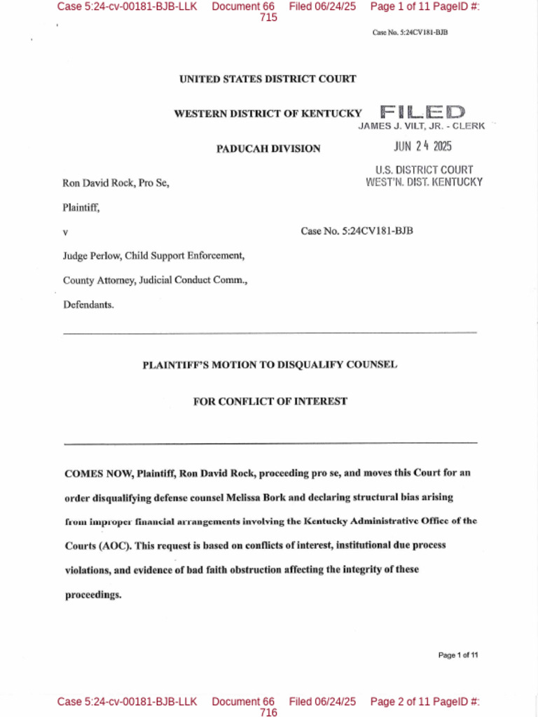DN66MOTION To Disqualify Counsel For Conflict of Interest by Plaintiff Ron David Rock. (JM) | PDF