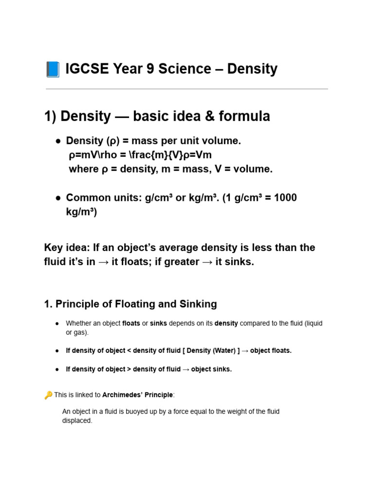 IGCSE Year 9 Science: Understanding Density | PDF | Density | Buoyancy