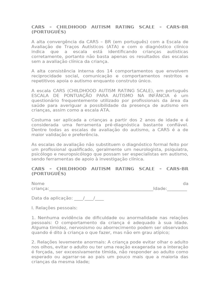 Escala CARS para Avaliação do Autismo | PDF | Comunicação não verbal ...