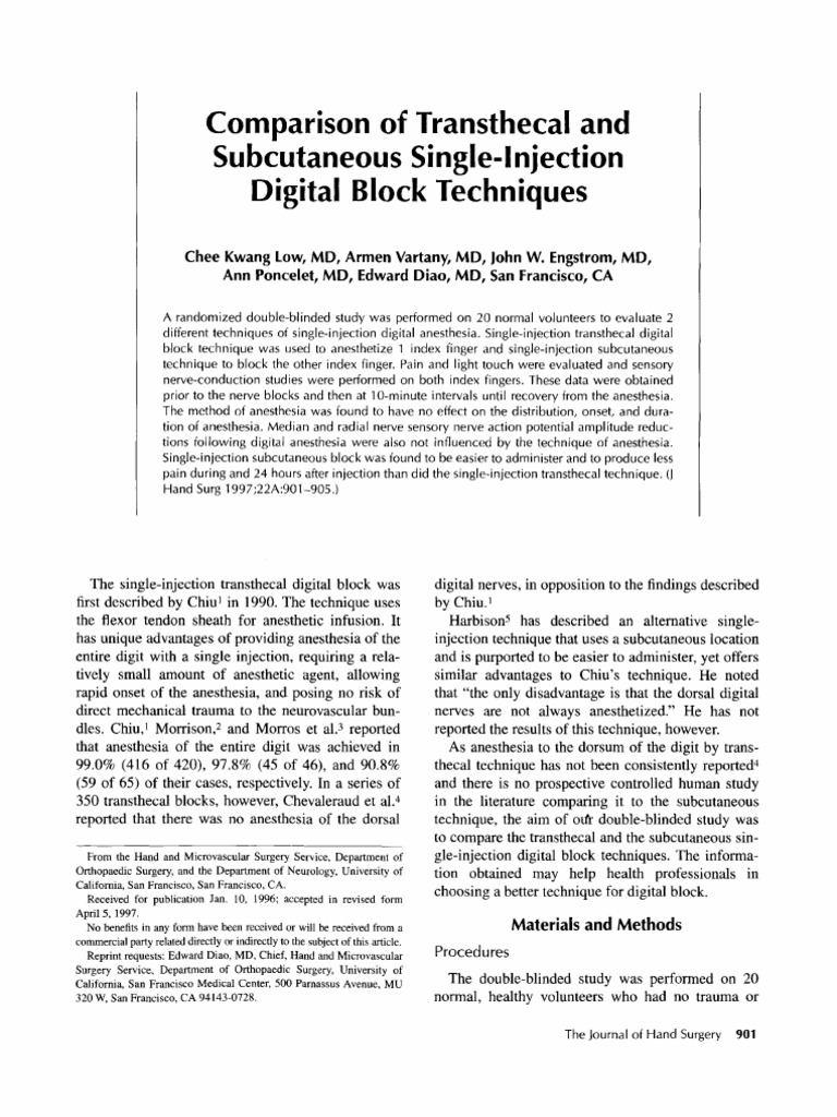 Transthecal vs Subcutaneous Digital Blocks | PDF | Anesthesia | Pain