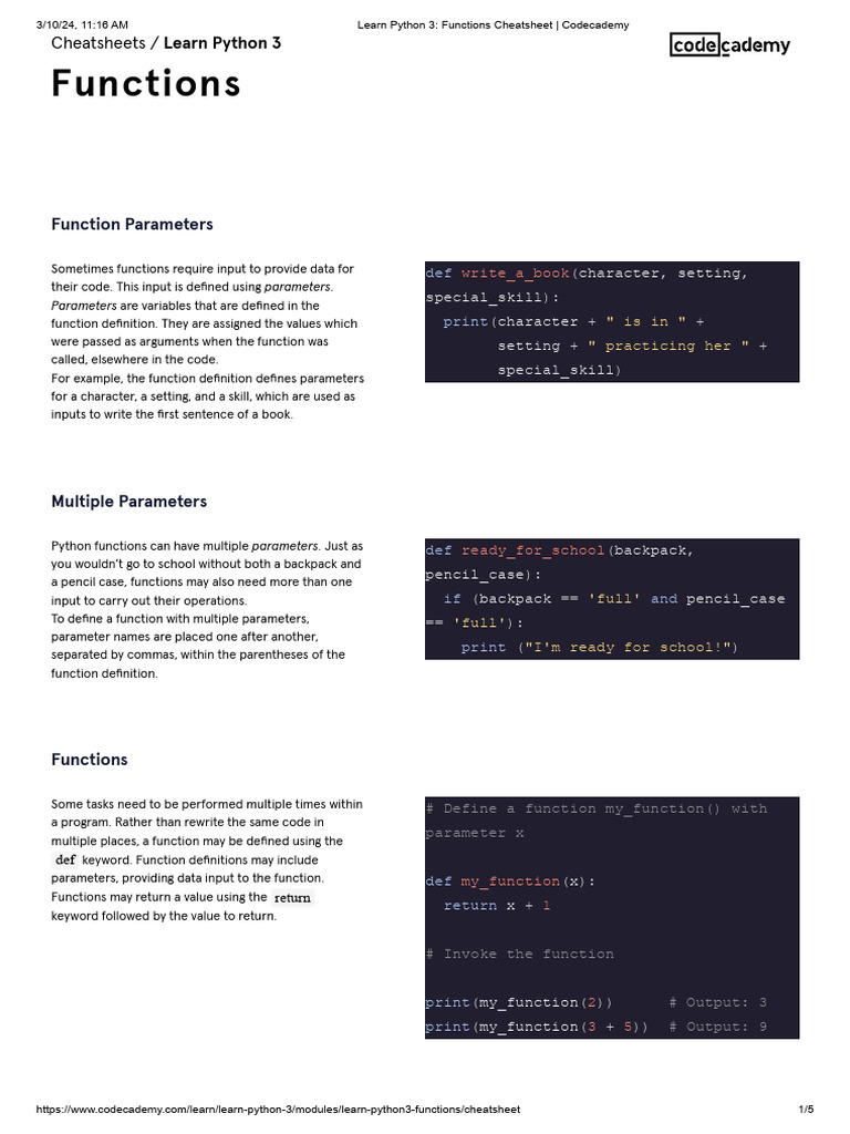 Learn Python 3 - Functions Cheatsheet - Codecademy | PDF | Parameter ...