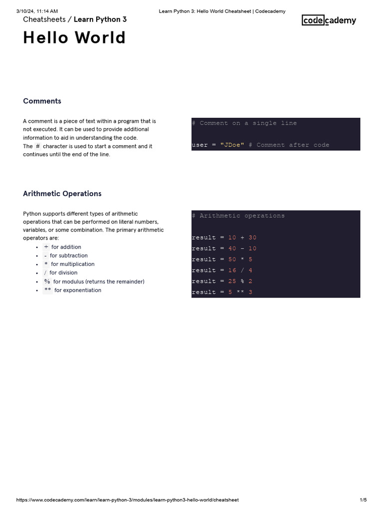 Learn Python 3 - Hello World Cheatsheet - Codecademy | PDF | Numbers | String (Computer Science)