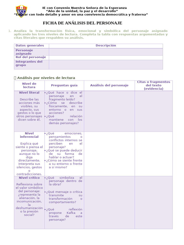 Ficha de Análisis Del Personaje | PDF