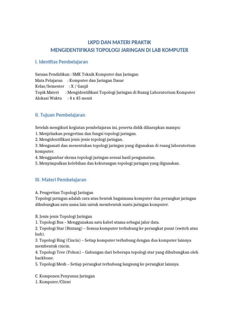 LKPD Dan Materi Mengidentifikasi Topologi Jaringan Lab Komputer | PDF