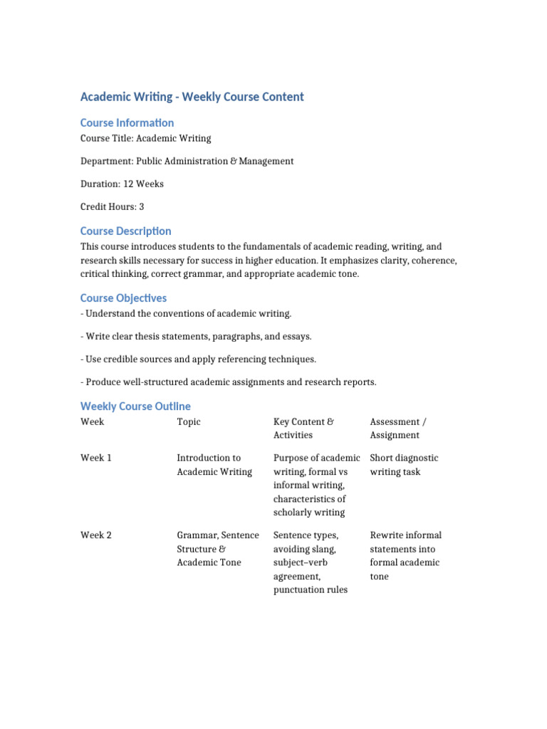 Academic Writing Course Overview | PDF | Essays | Thesis