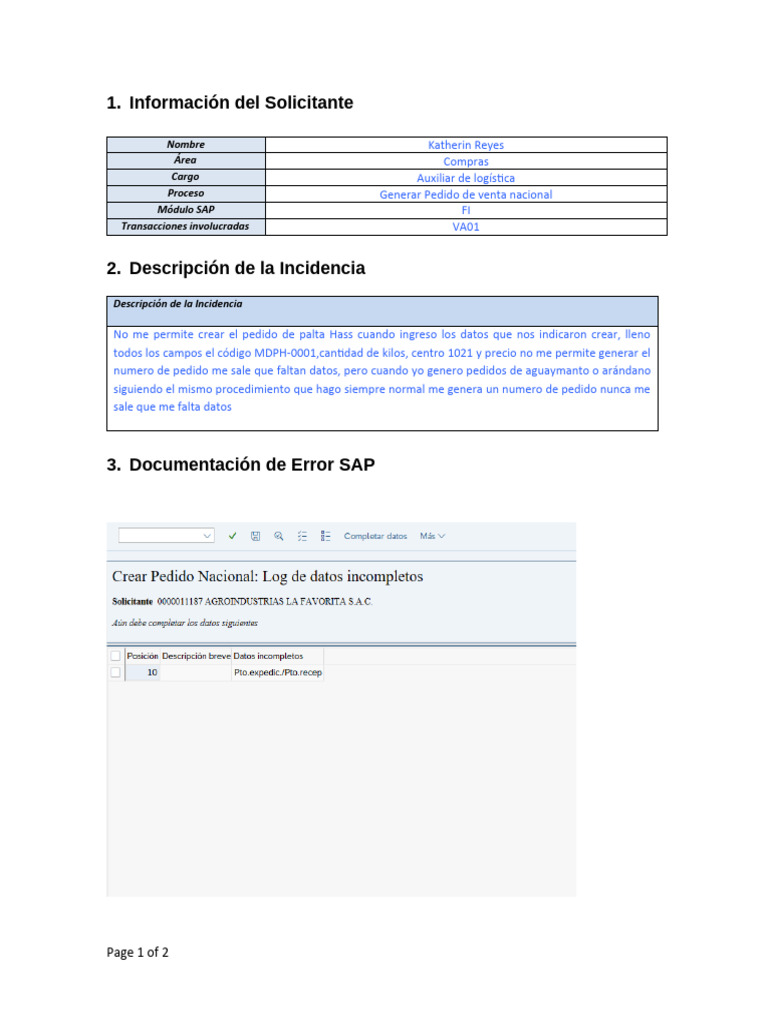 Incidencia Sap - Producto Palta | PDF