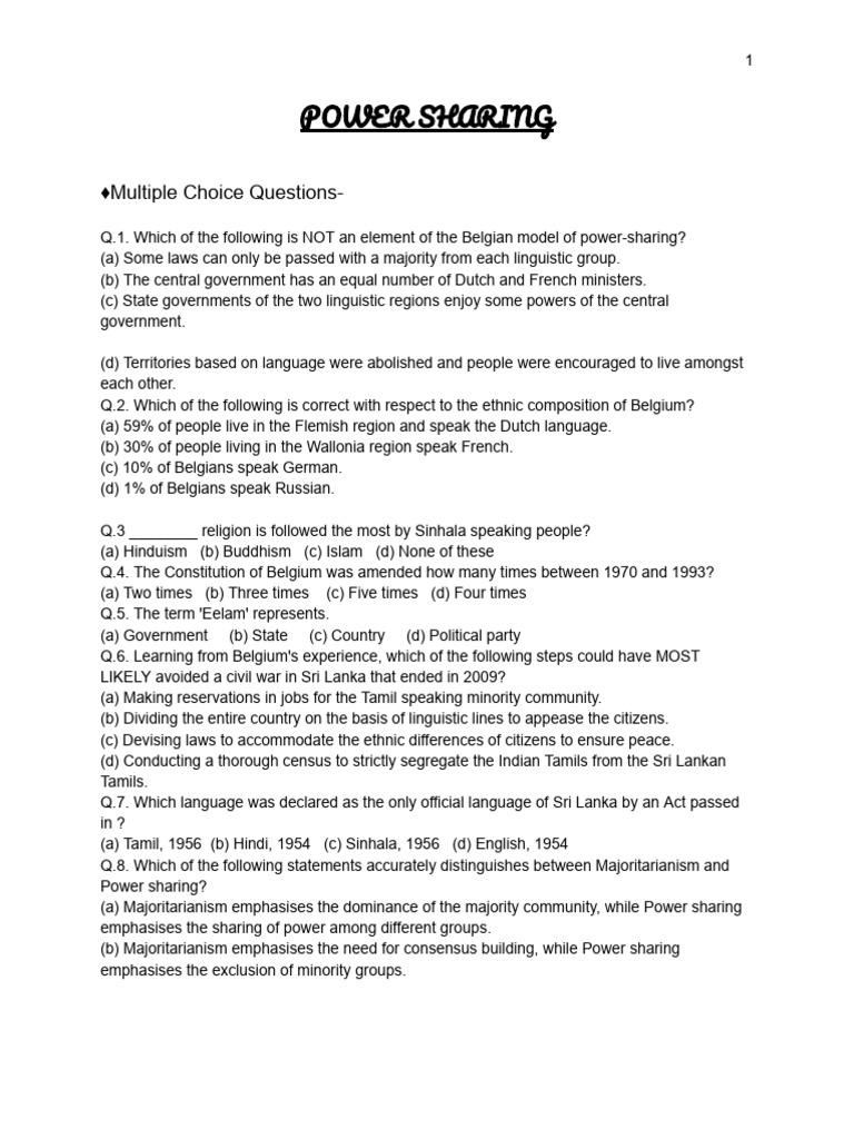 Power Sharing Important Questions | PDF | Belgium | Sri Lanka