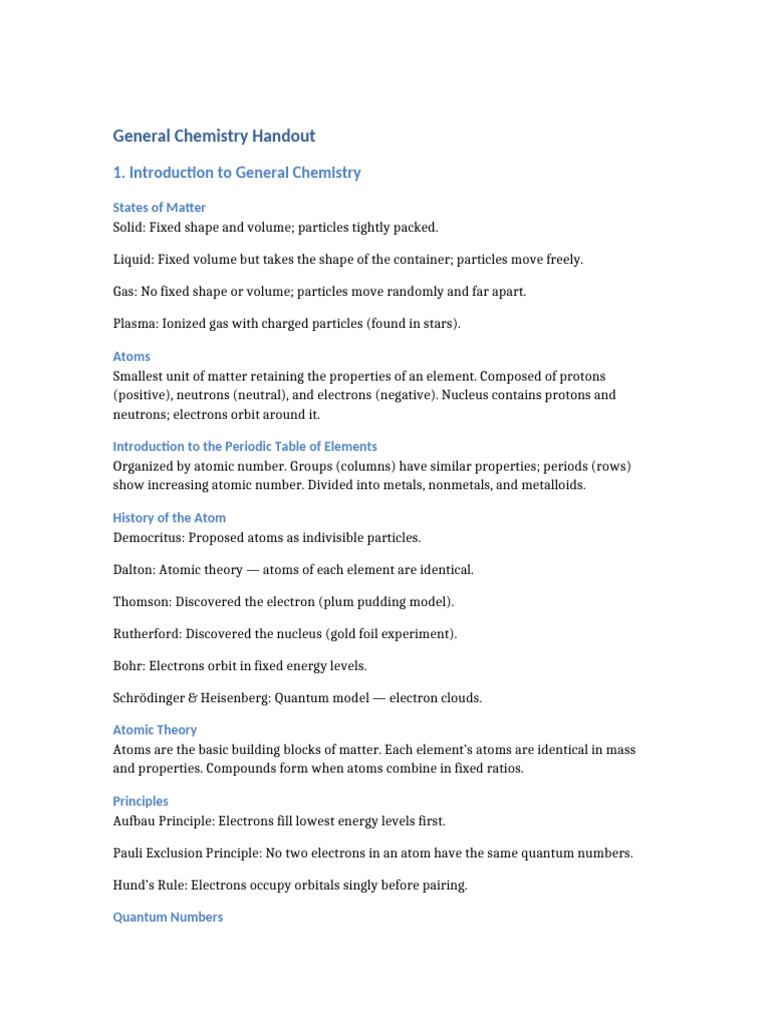 General Chemistry Handout | PDF | Atoms | Reaction Rate