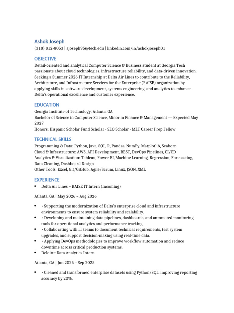IT Internship Resume for Delta Air Lines | PDF | Analytics ...
