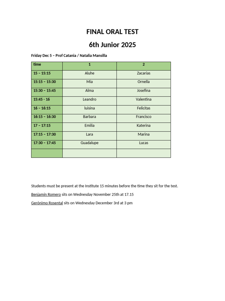 6th Junior Oral Test Schedule 2025 | PDF