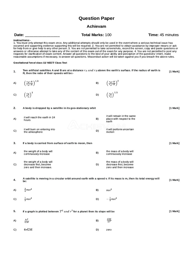 Class 11 NEET Gravitational Force Exam | PDF | Force | Mass