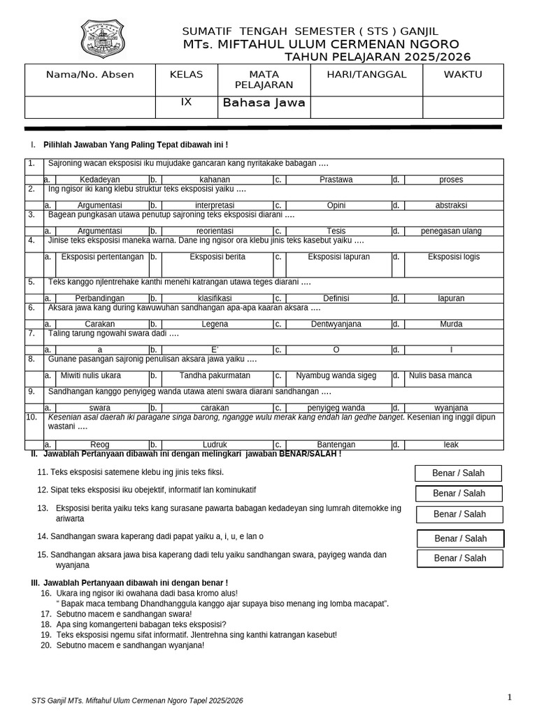 STS Ganjil Bahasa Jawa MTs 2025/2026 | PDF