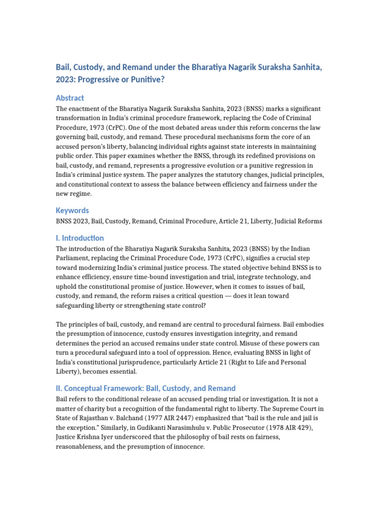 BNSS Bail Custody and Remand Research Paper | PDF | Bail | Misconduct