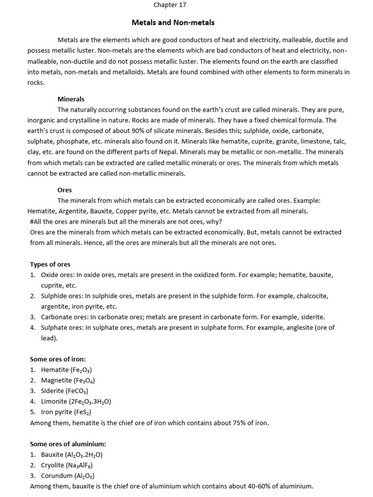 Unit 17. Metals and Non-Metals (Class 10) | PDF | Minerals | Smelting
