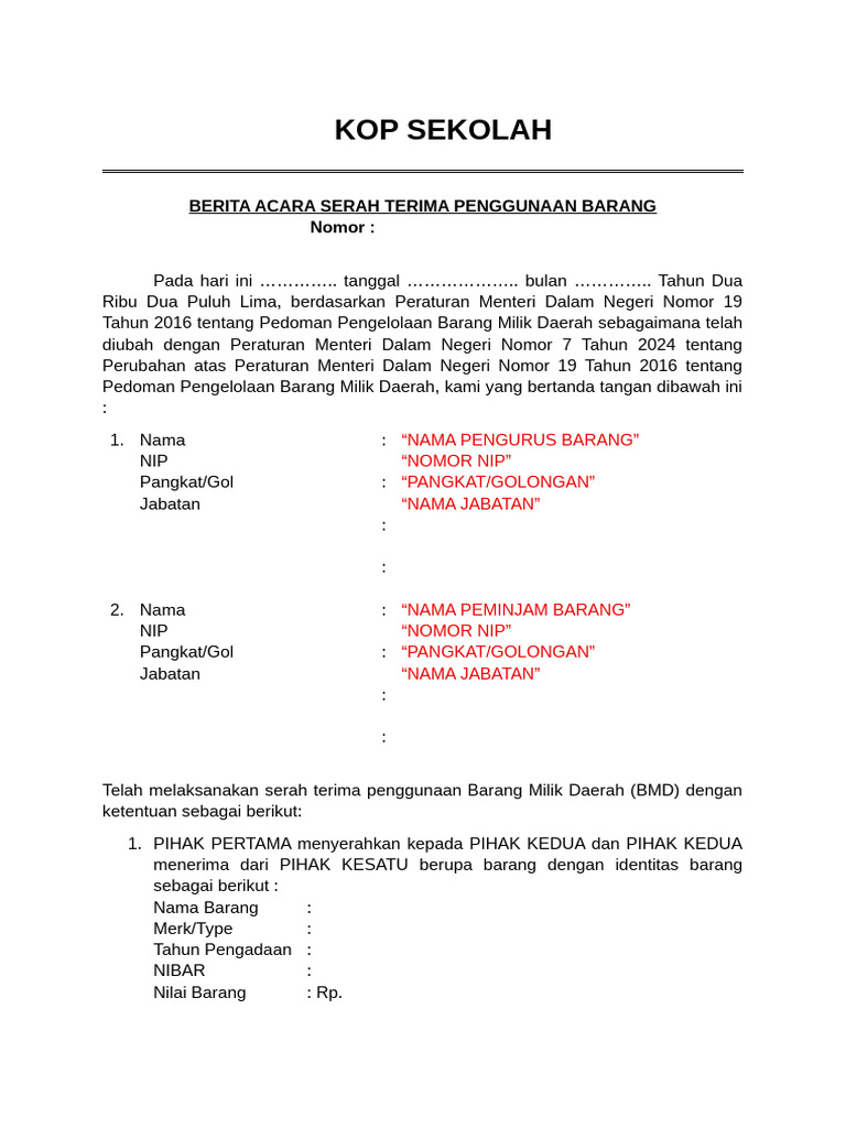 Berita Acara Serah Terima BMD Sekolah | PDF