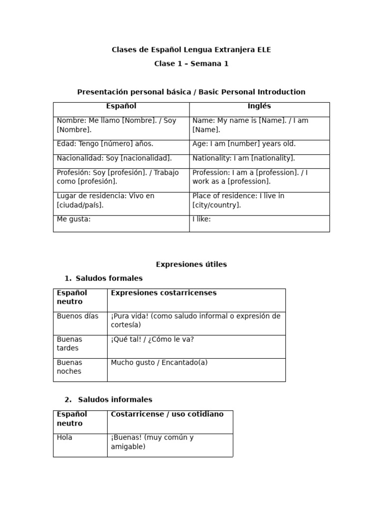 Clases de Español Lengua Extranjera ELE Clase 1 | PDF