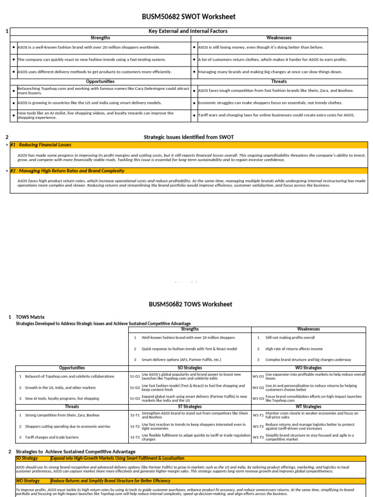 SWOT and TOWS Worksheet (Anand) | PDF | Brand | Swot Analysis