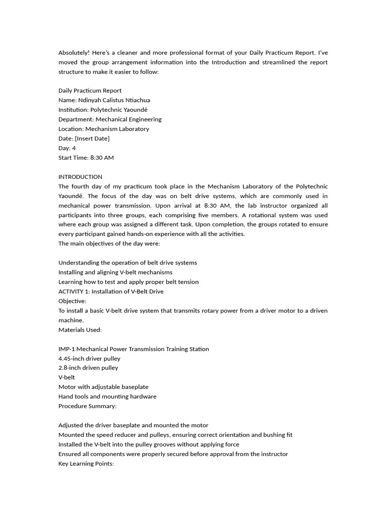 4th Day Report | PDF | Belt (Mechanical) | Mechanical Engineering