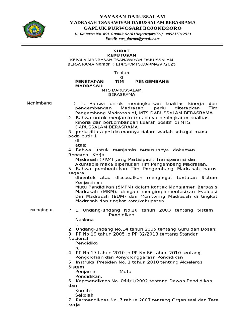 Tim Pengembang MTS Darussalam 2025 | PDF