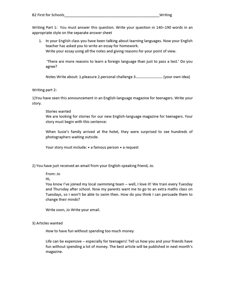 B2 Writing Tasks for Language Learners | PDF