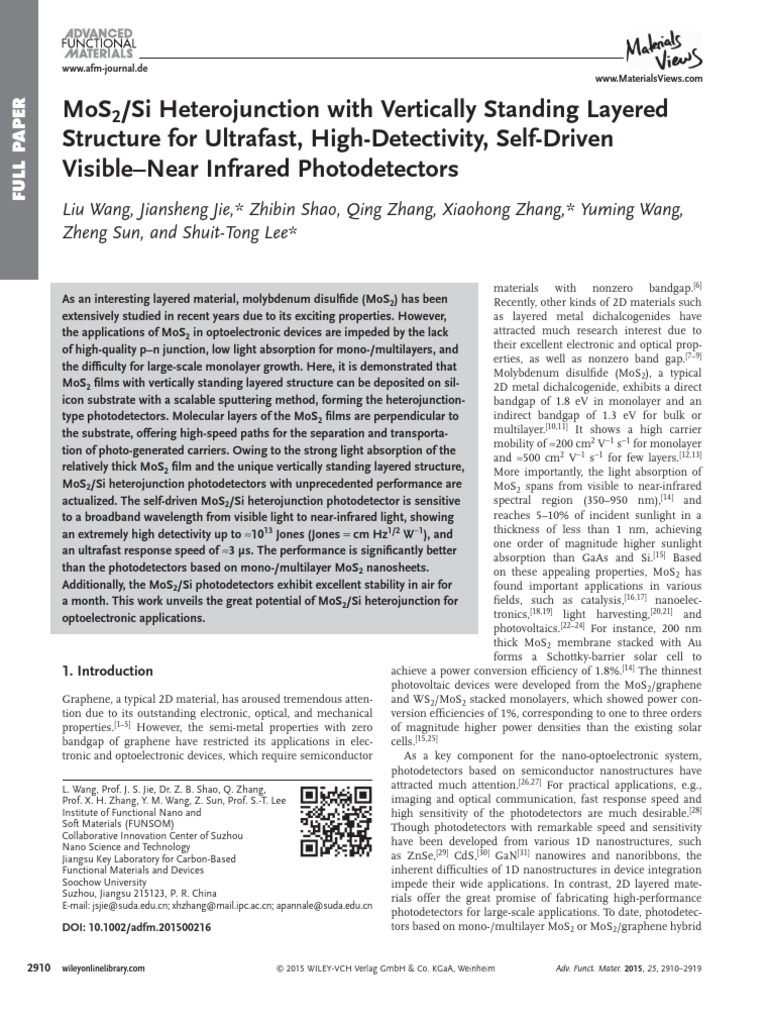 Adv Funct Materials - 2015 - Wang - MoS2 Si Heterojunction With Vertically Standing Layered ...