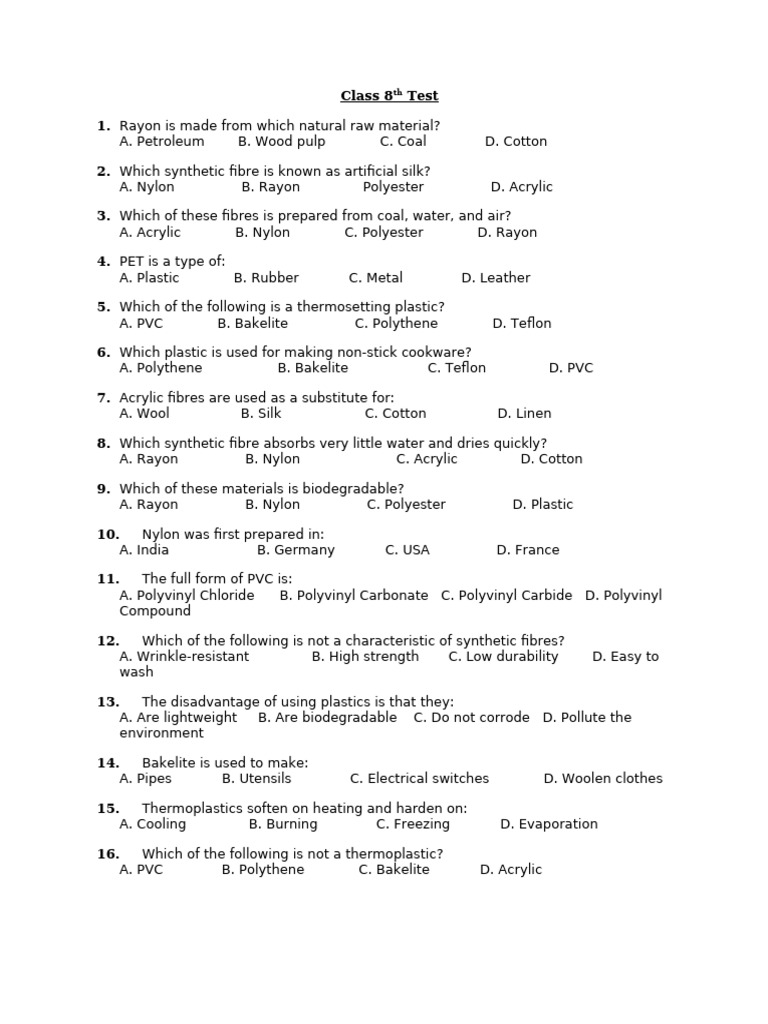 Make 50 Marks Mcqs Question Paper of AISSEE of Cla | PDF | Plastic | Fibers
