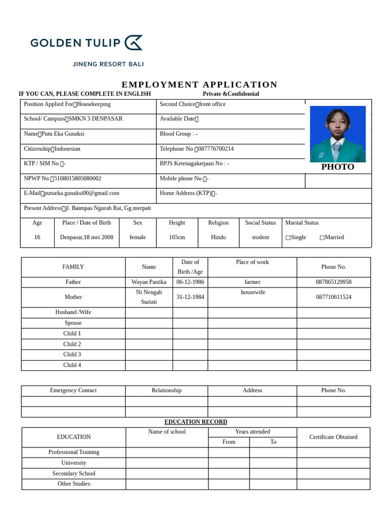 Employee Application Form_Golden Tulip_Trainee PUTU EKA GUNAKSI | PDF ...