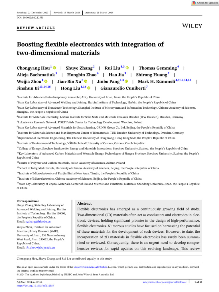 InfoMat - 2024 - Hou - Boosting Flexible Electronics With Integration of Two Dimensional ...
