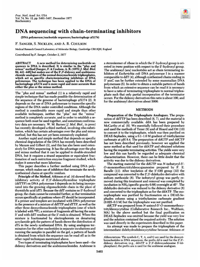 Sanger Et Al 1977 Dna Sequencing With Chain Terminating Inhibitors ...
