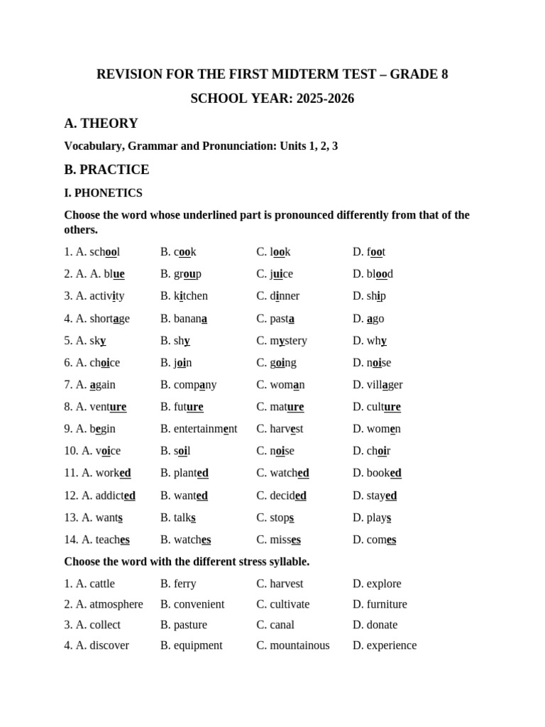 Revision For The First Midterm Test-Grade 8 | PDF | Linguistics