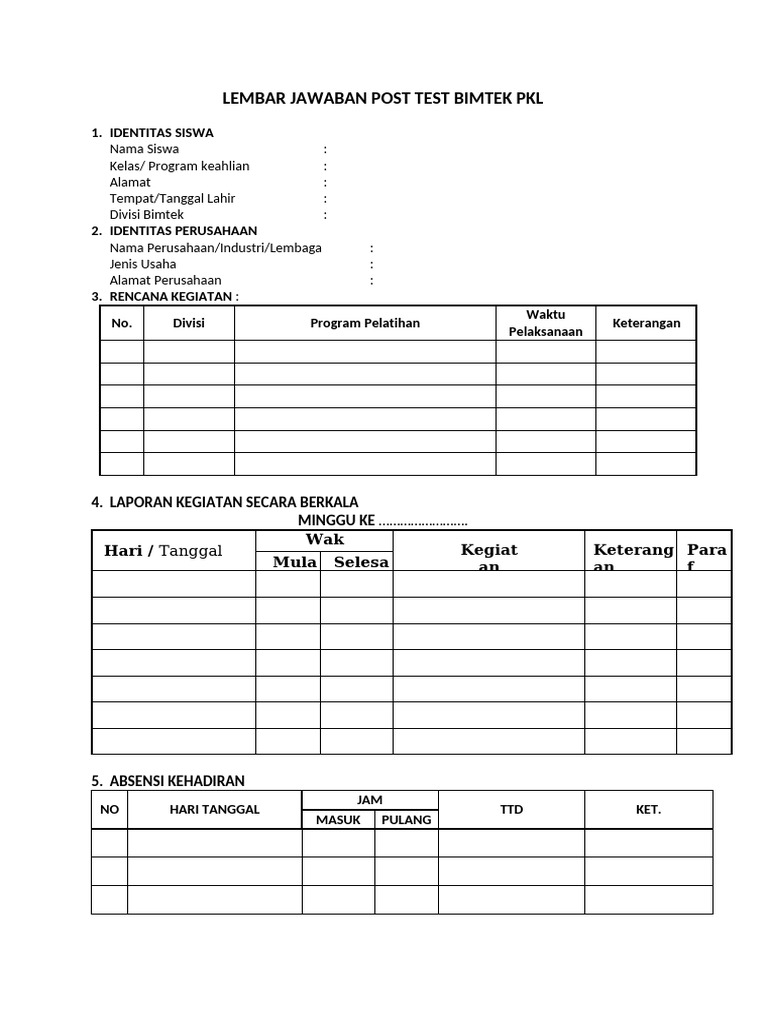 Lembar Jawaban Post Test Bimtek PKL | PDF