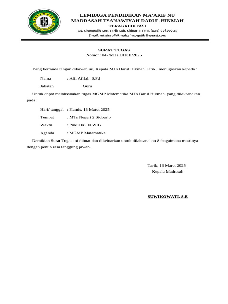 Surat Tugas MGMP B Ind | PDF