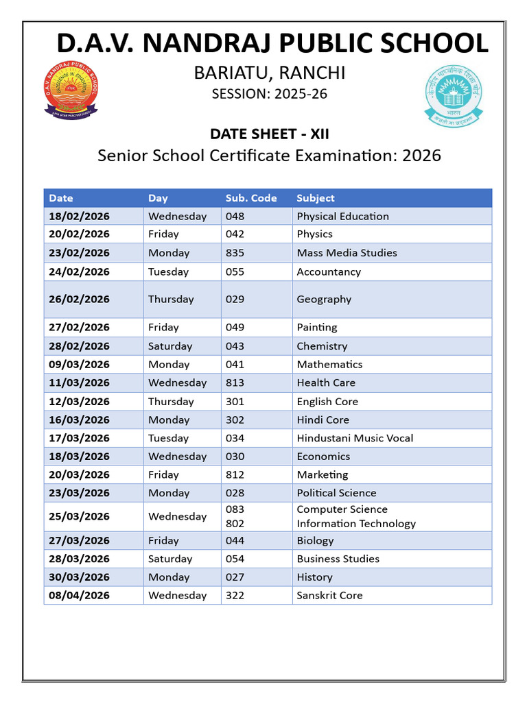 XII - CBSE - Board Examination Date Sheet 2026 | PDF