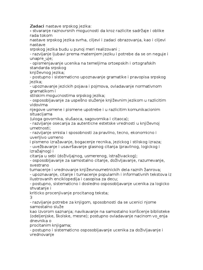 Zadaci Nastave Srpskog Jezika | PDF