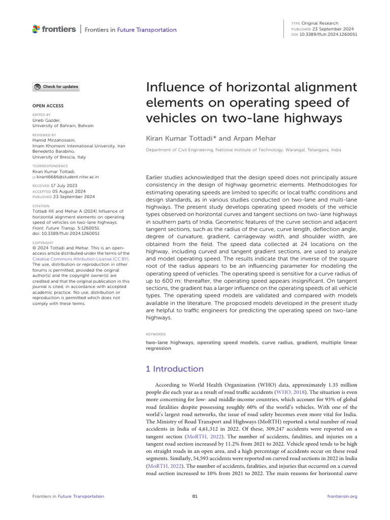 Influence of Horizontal Alignment Elements On Operating Speed of ...