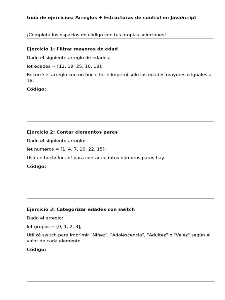 Guía de Ejercicios JavaScript para Completar | PDF | Algoritmos | Ingeniería de software