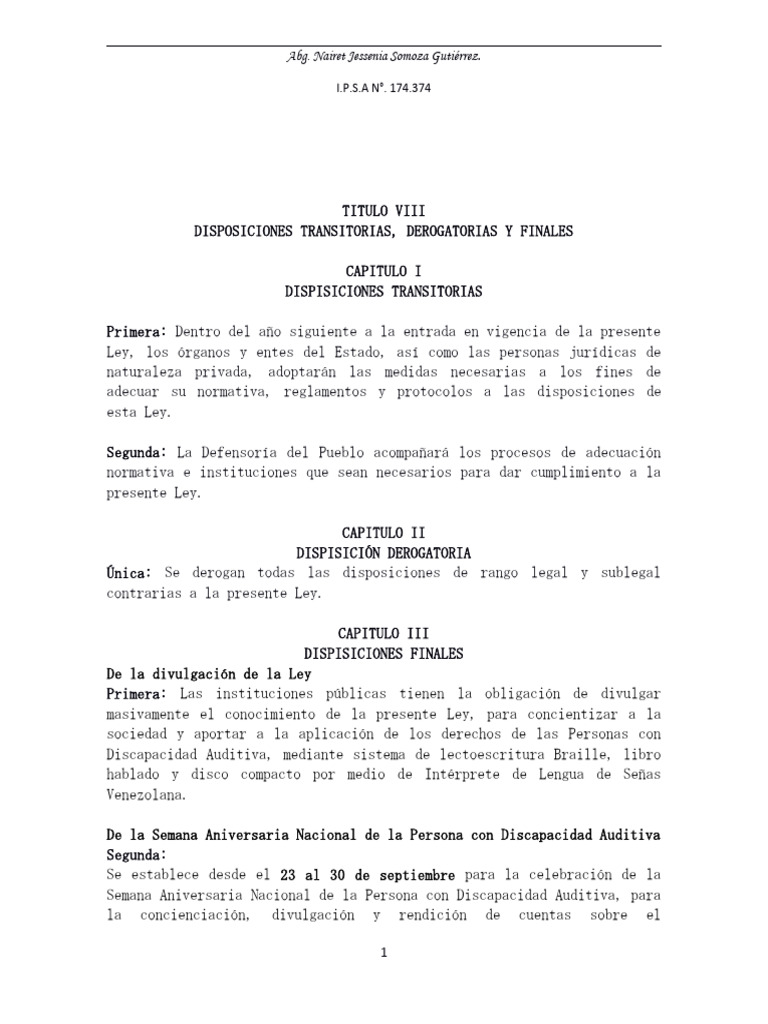 TITULO VIII Cap I Disposiciones Transitorias, Cap II Disposicion Derogatoria y Cap III ...