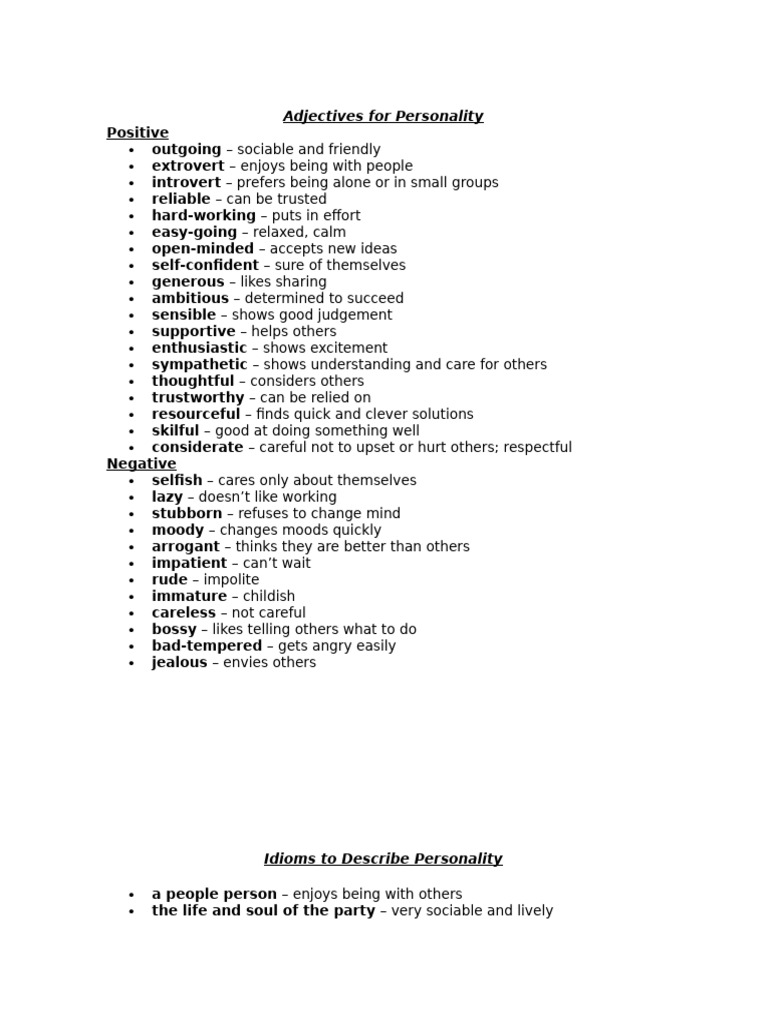Adjectives For Personality | PDF