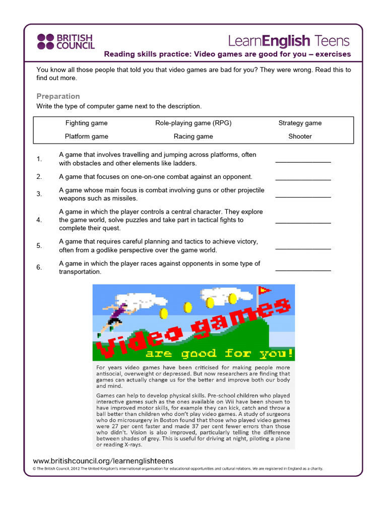 Video Games: Benefits and Exercises | PDF | Video Games | Psychological ...