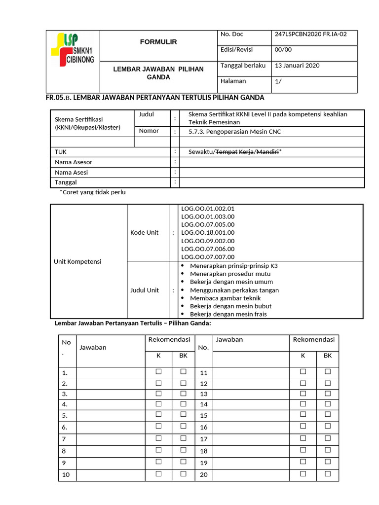 Formulir-Lembar Jawaban 2 | PDF