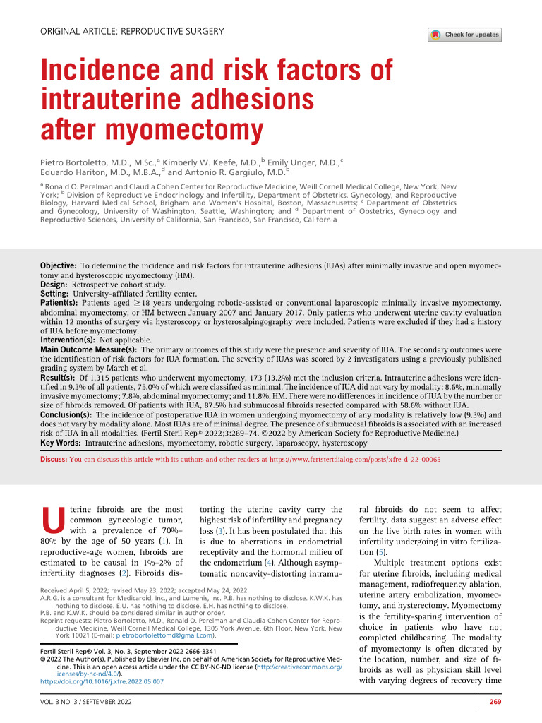 Incidence and Risk Factors of Intrauterine Adhesions After Myomectomy ...