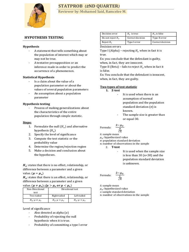 Statprob Reviewer_s1q2_mohamed Said, Ramcelee m. | PDF | Type I And Type Ii Errors | Hypothesis