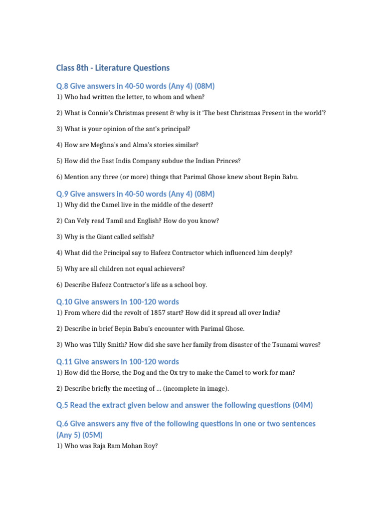 Class 8 Literature Questions and Answers | PDF