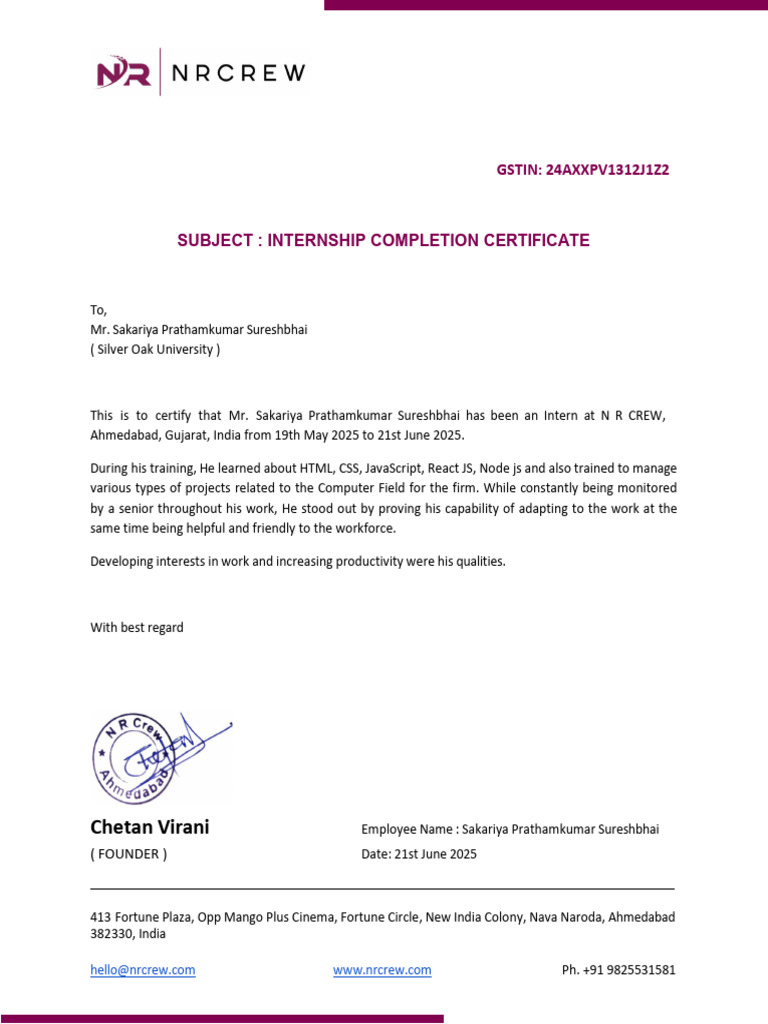 Internship Completion Certificate - N R CREW | PDF