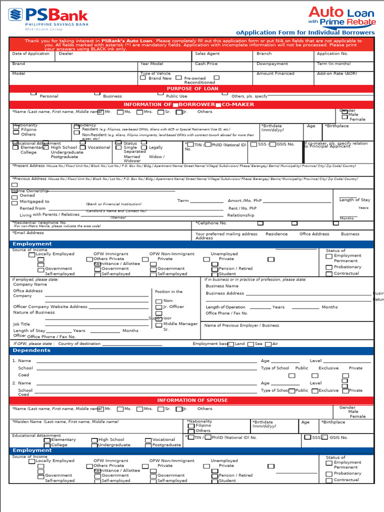 Auto Loan Application Form Individual | PDF | Loans | Banks
