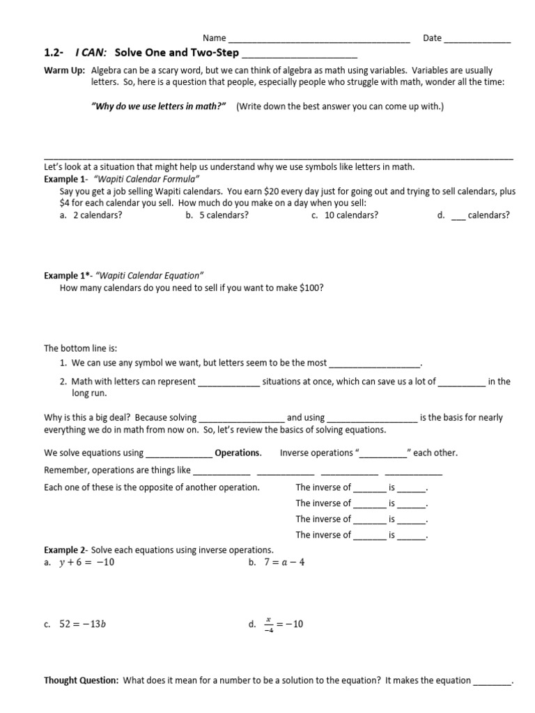 1.2 NOTES One & Two Step Equations | PDF | Equations | Mathematics