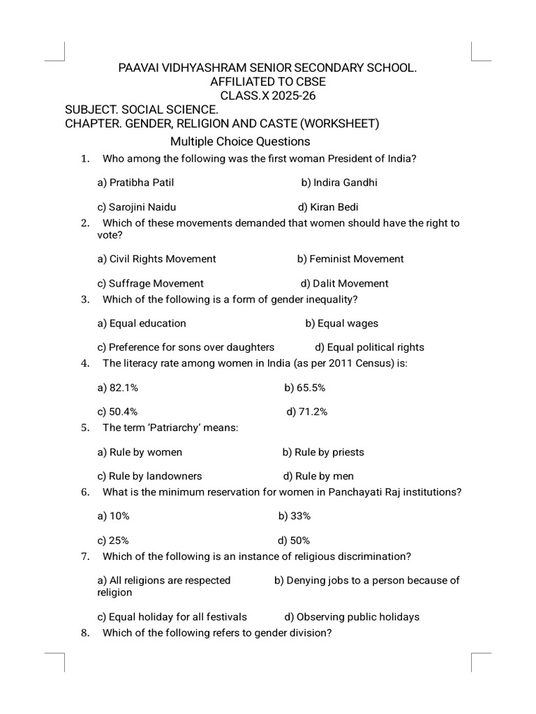 Gender Religion Worksheet 2025-26 Updated | PDF | Caste | Secularism