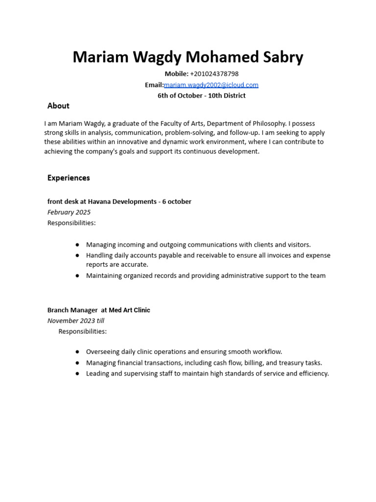 Mariam Wagdy: Philosophy Graduate Resume | PDF