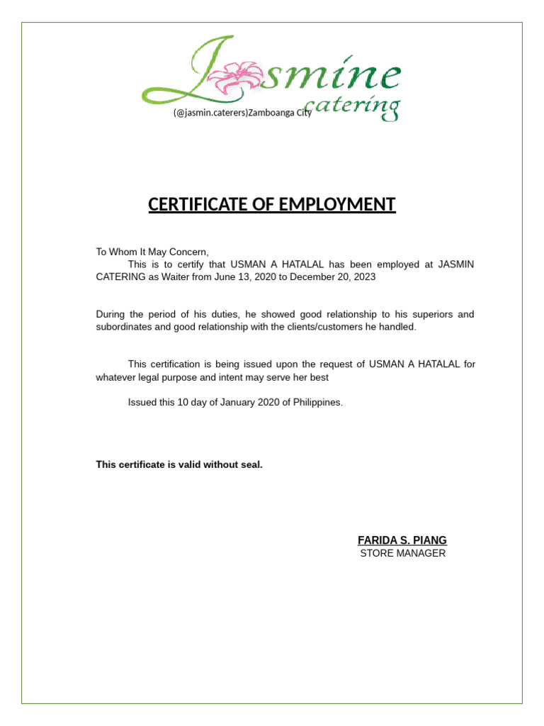 Certificate of Employment Jasmine Catering | PDF