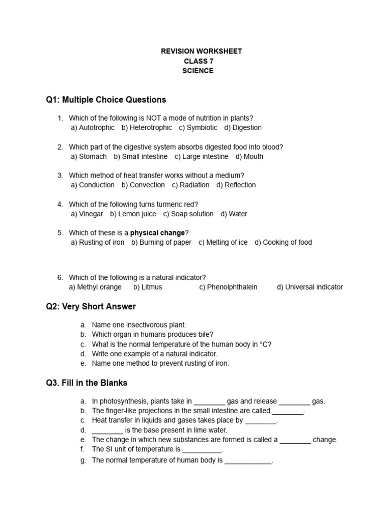 Class 7 Science Revision Worksheet | PDF | Nutrition | Diet & Nutrition